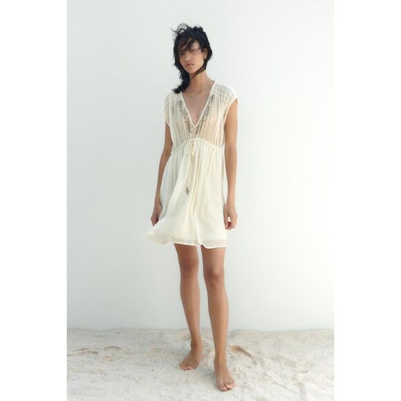 Zara | Dresses | Zara Beaded Mini Beach Cover Up Swimsuit Dress Cream ...